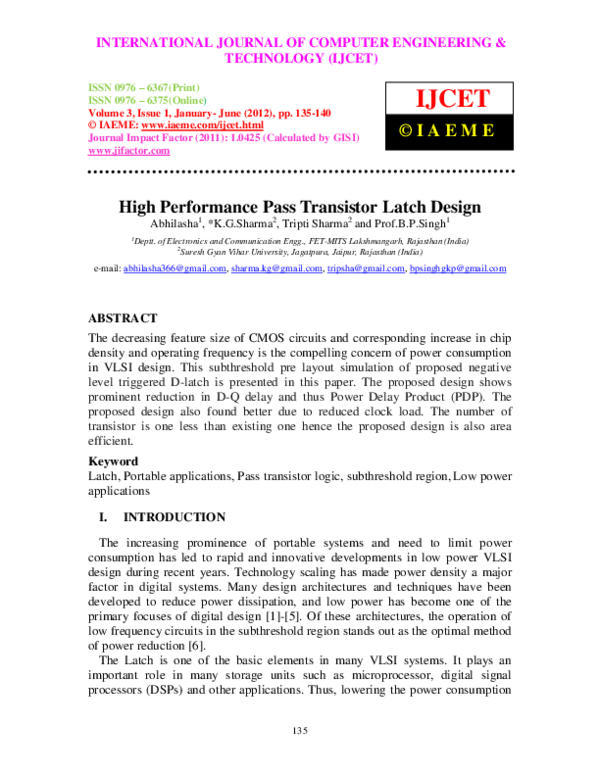 (PDF) High Performance Pass Transistor Latch Design