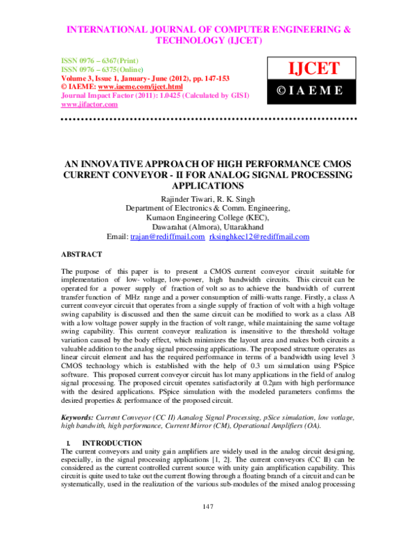 (PDF) AN INNOVATIVE APPROACH OF HIGH PERFORMANCE CMOS CURRENT CONVEYOR ...