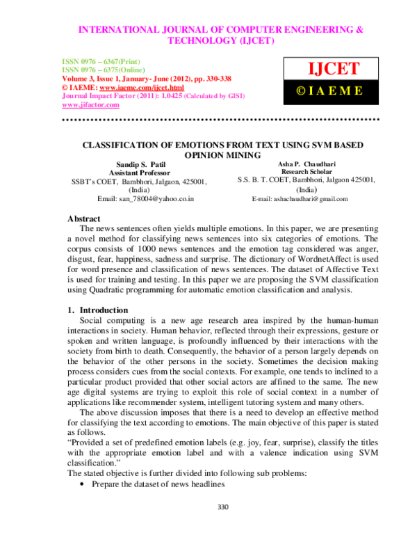 Pdf Classification Of Emotions From Text Using Svm Based
