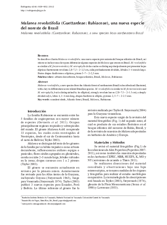 (PDF) Malanea revolutifolia (Guettardeae: Rubiaceae), a new species ...