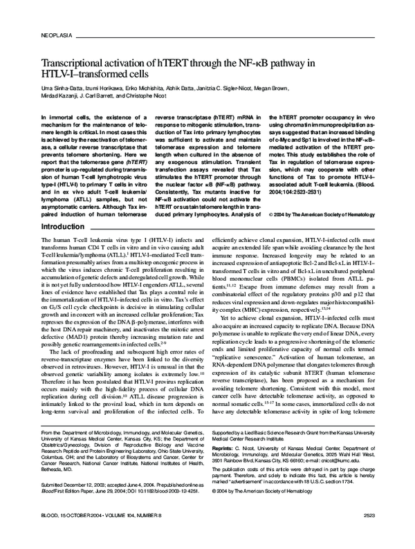 (PDF) Transcriptional activation of hTERT through the NF-B pathway in ...
