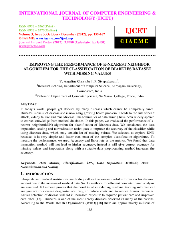 Pdf Improving The Performance Of K Nearest Neighbor Algorithm For The