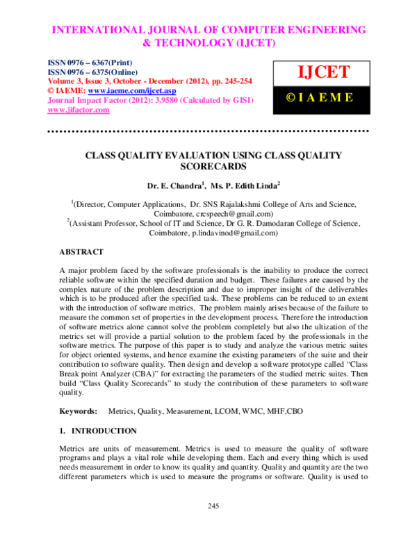 (PDF) CLASS QUALITY EVALUATION USING CLASS QUALITY SCORECARDS