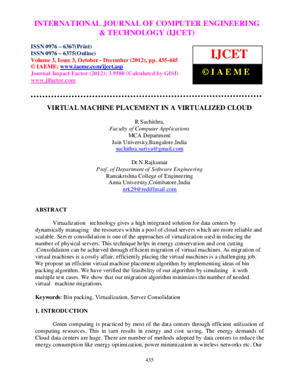 (PDF) VIRTUAL MACHINE PLACEMENT IN A VIRTUALIZED CLOUD