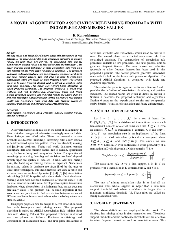 Pdf A Novel Algorithm For Association Rule Mining From Data With Incomplete And Missing Values