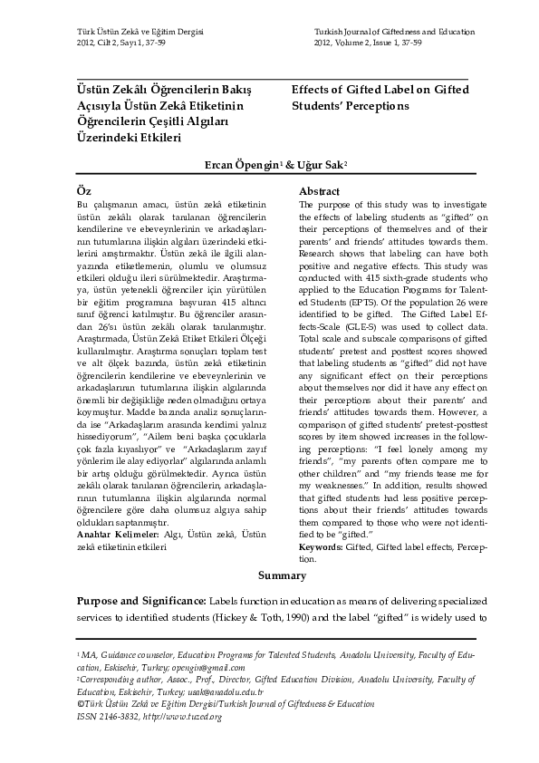 (PDF) Effects of Gifted Label on Gifted Students’ Perceptions