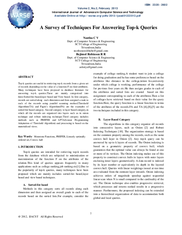 Pdf A Survey Of Techniques For Answering Top K Queries 