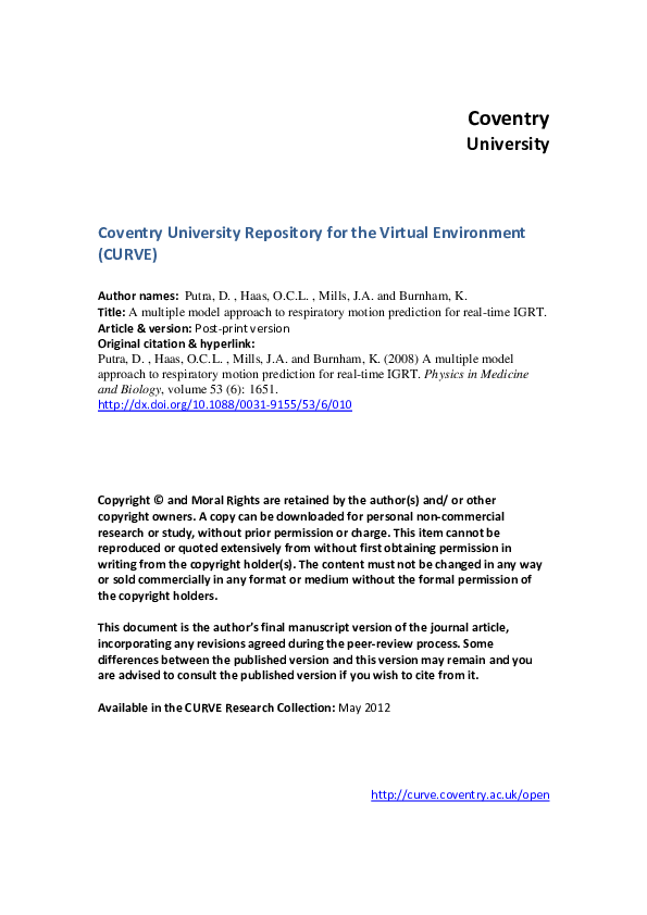 Pdf A Multiple Model Approach To Respiratory Motion Prediction For