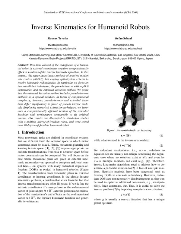 (PDF) Inverse kinematics for humanoid robots