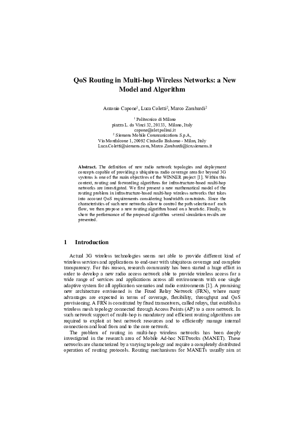 Pdf Qos Routing In Multi Hop Wireless Networks A New Model And Algorithm