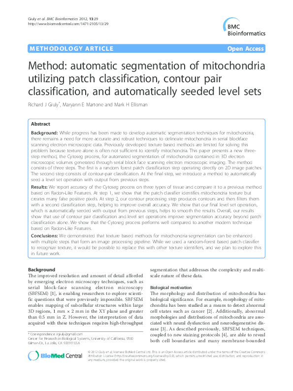 (PDF) Method: Automatic segmentation of mitochondria utilizing patch classification, contour ...