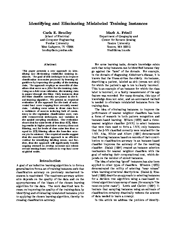 (PDF) Identifying and eliminating mislabeled training instances