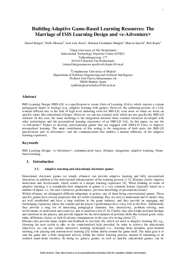 (PDF) Building Adaptive Game-Based Learning Resources: The Marriage of IMS Learning Design and e ...