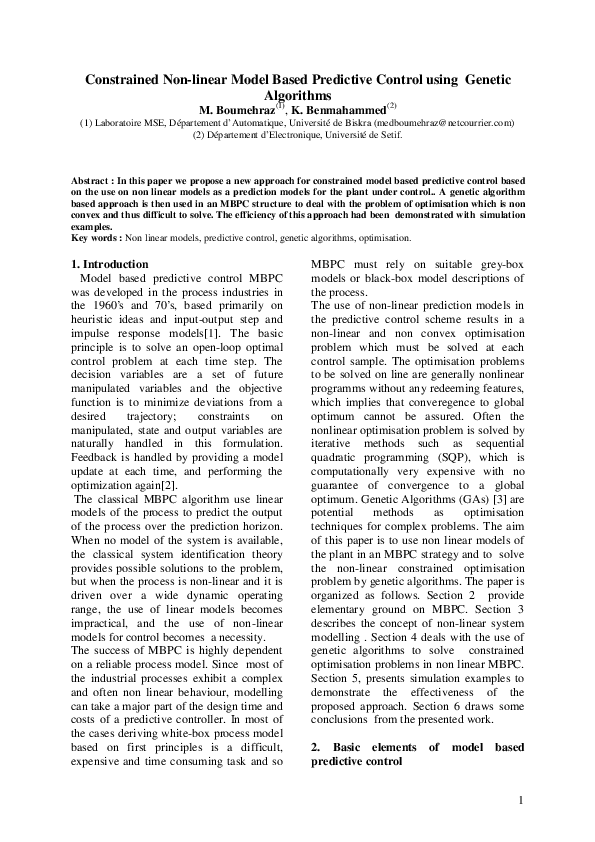 (PDF) Constrained Non-linear Model Based Predictive Control using Genetic Algorithms