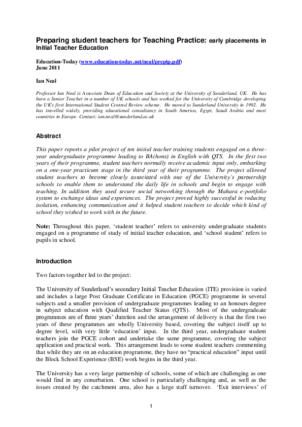 (PDF) Preparing student teacher s for Teaching Practice: early ...