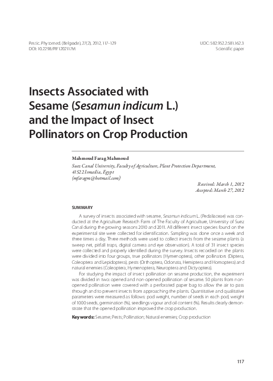 (PDF) Insects associated with sesame (Sesamun indicum L.) and the ...