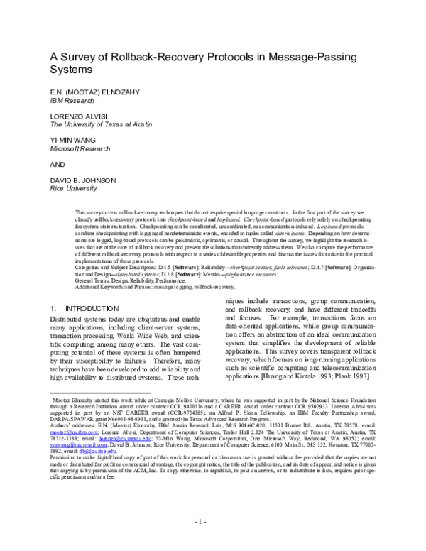(PDF) A Survey of Rollback-Recovery Protocols in Message-Passing Systems. (PDF) A Survey of Rollback-Recovery Protocols in Message-Passing Systems.
