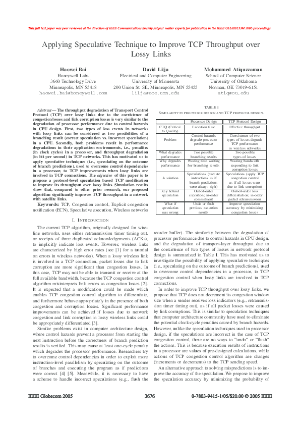 Pdf Applying Speculative Technique To Improve Tcp Throughput Over