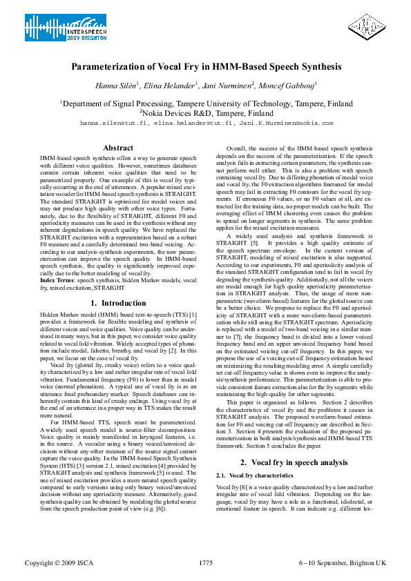 (PDF) Parameterization of vocal fry in HMM-based speech synthesis