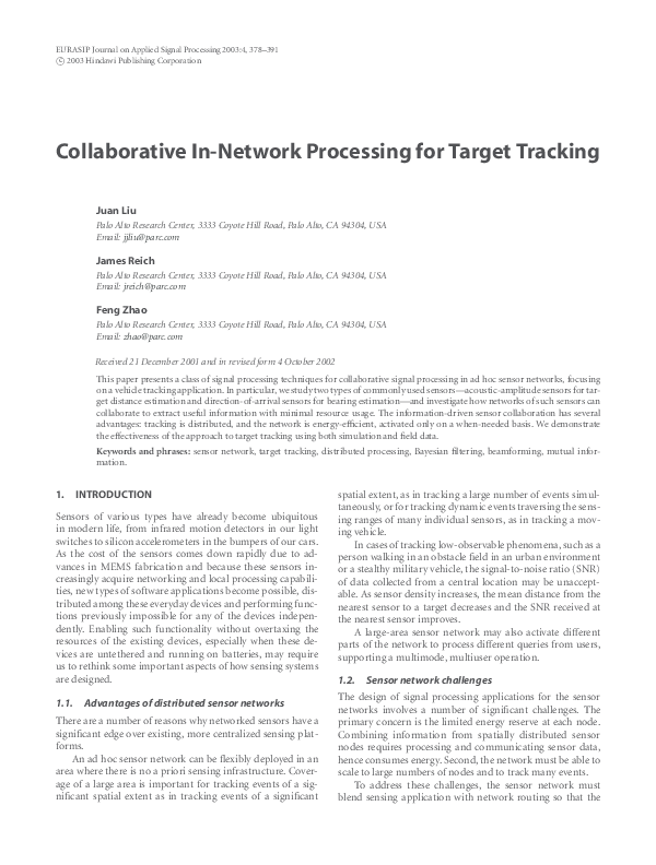 Pdf Collaborative In Network Processing For Target Tracking