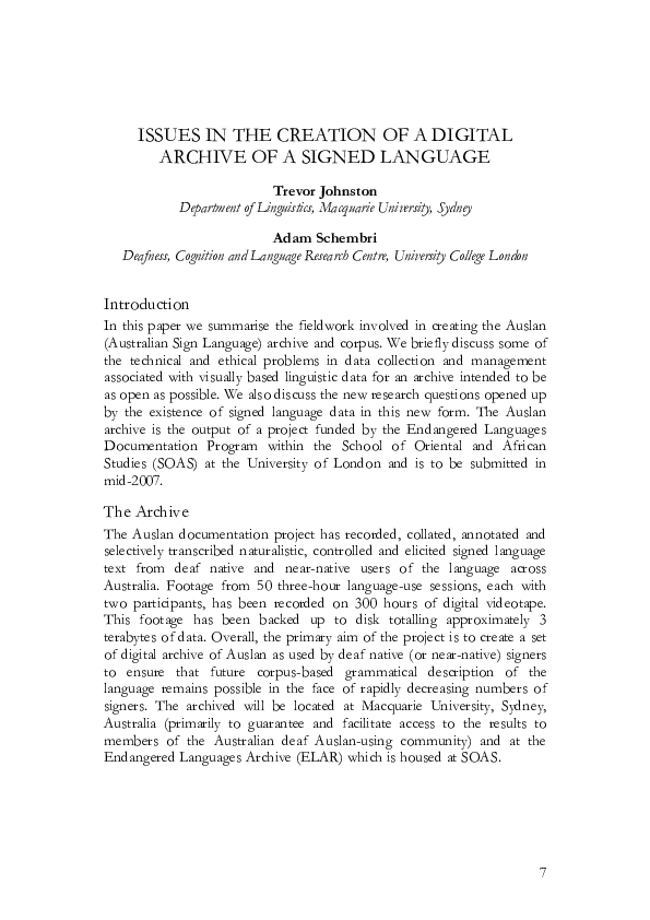 Pdf Issues In The Creation Of A Digital Archive Of A Signed Language