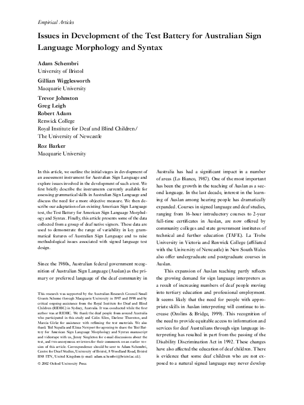 (PDF) Issues in the development of the Test Battery for Australian Sign ...