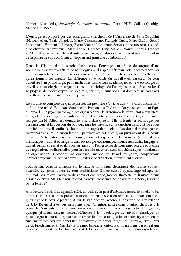 (DOC) Norbert Alter, Sociologie du monde du travail, PUF, Quadrige ...