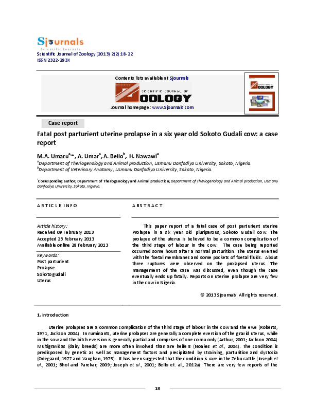 (PDF) FATAL POST PARTURIENT UTERINE PROLAPSE IN A SIX YEAR OLD SOKOTO ...