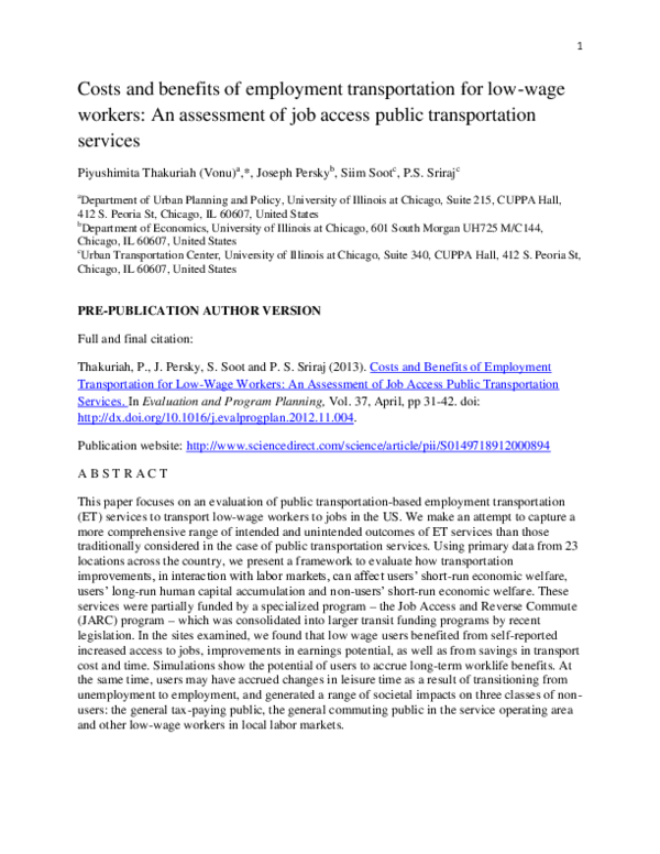 (PDF) Costs and benefits of employment transportation for low-wage ...