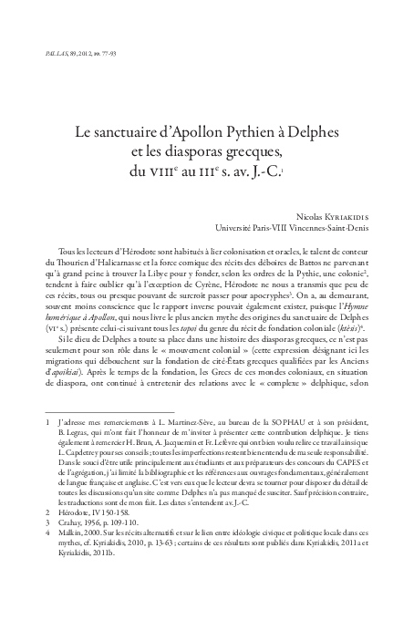 (PDF) « Le sanctuaire d’Apollon Pythien à Delphes et les diasporas grecques, du VIIIe au IIIe s ...