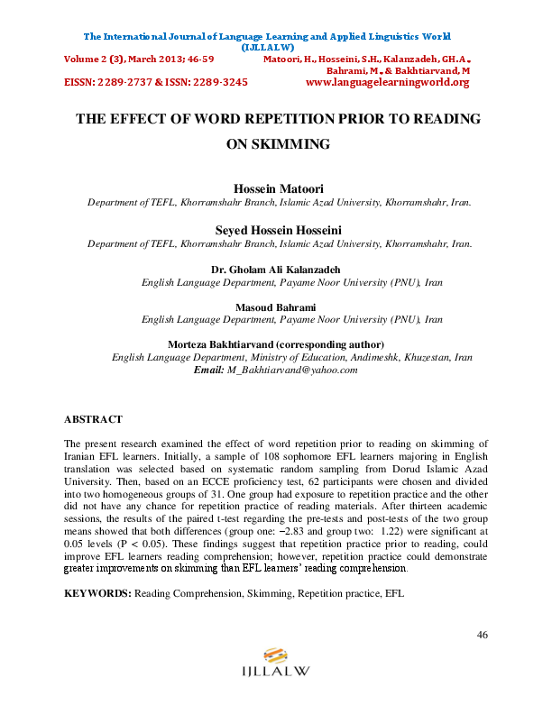 (PDF) THE EFFECT OF WORD REPETITION PRIOR TO READING ON SKIMMING
