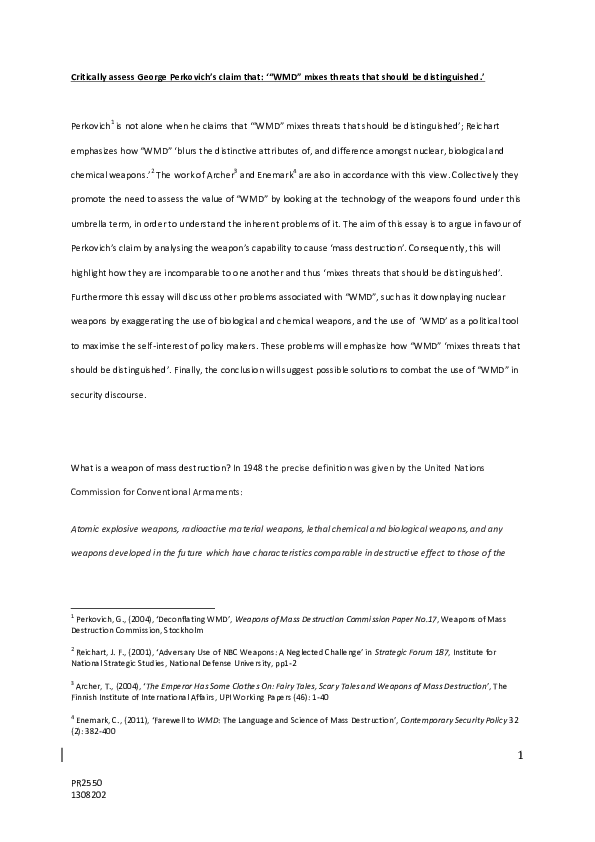 (PDF) Critically assess George Perkovich’s claim that: ‘“WMD” mixes ...