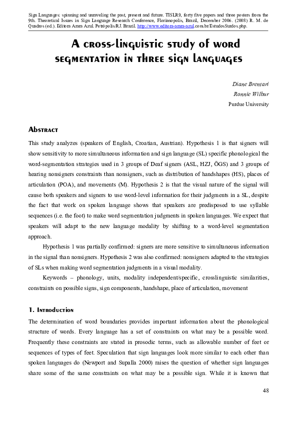 (PDF) A cross-linguistic study of word segmentation in three sign languages