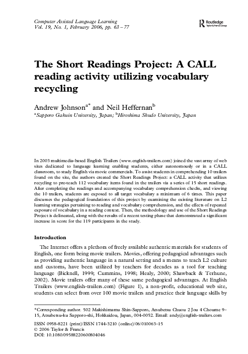 (PDF) The Short Readings Project: A CALL reading activity utilizing ...