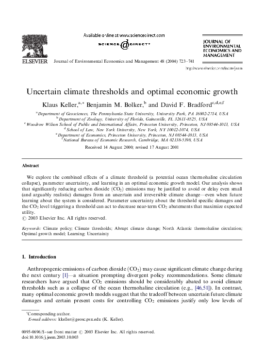 (PDF) Uncertain climate thresholds and optimal economic growth
