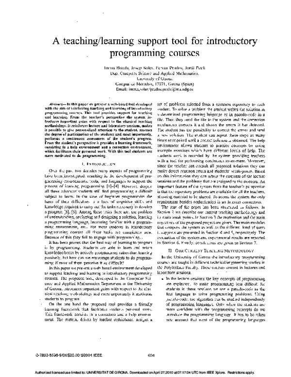 (PDF) A teaching/learning support tool for introductory programming courses