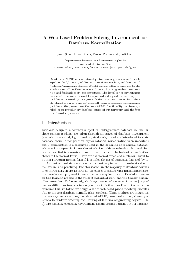 Pdf A Web Based Problem Solving Environment For Database Normalization 