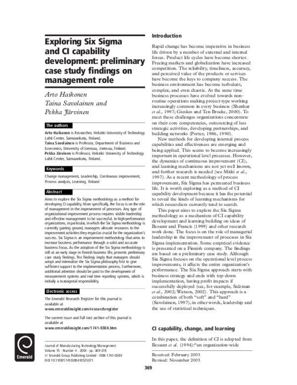 (PDF) Exploring Six Sigma and CI Capability Development: Preliminary ...