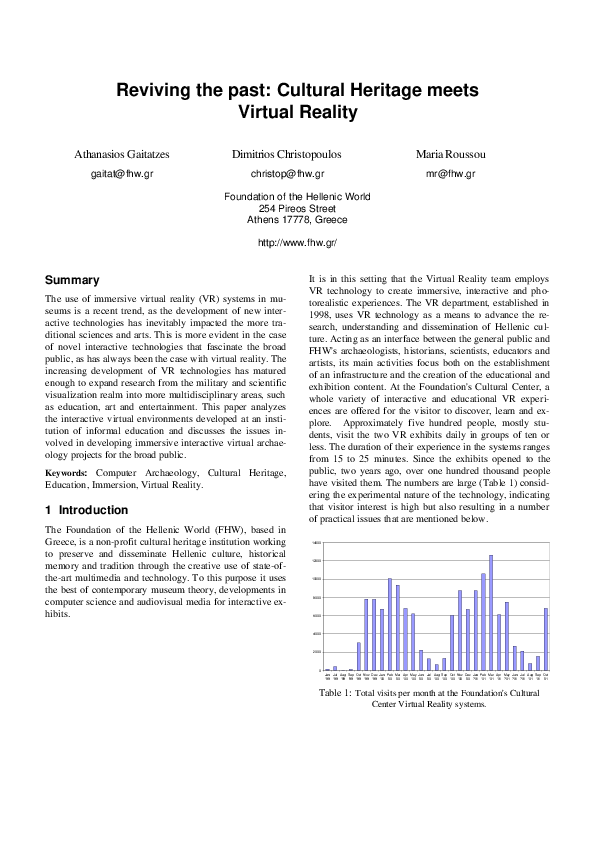 (PDF) Reviving the past: cultural heritage meets virtual reality