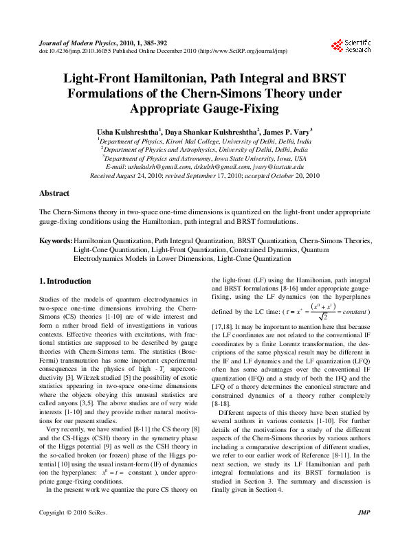 Pdf Light Front Hamiltonian Path Integral And Brst Formulations Of The Chern Simons Theory