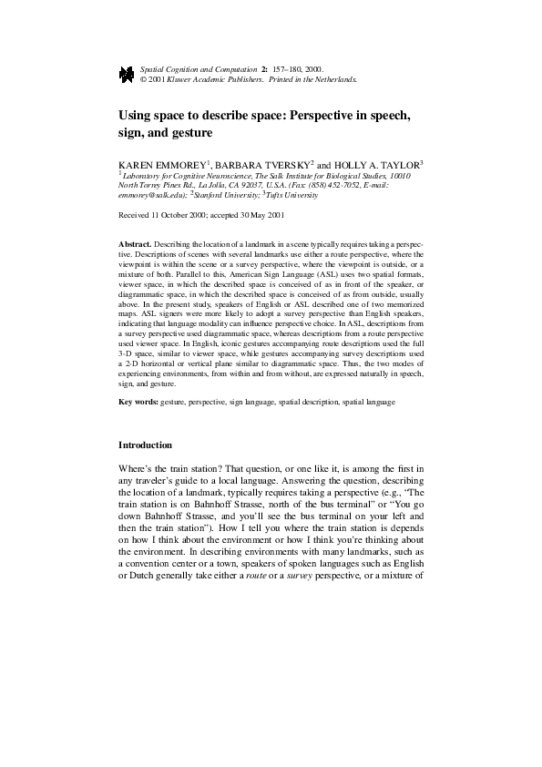 (PDF) Using space to describe space: Perspective in speech, sign, and ...