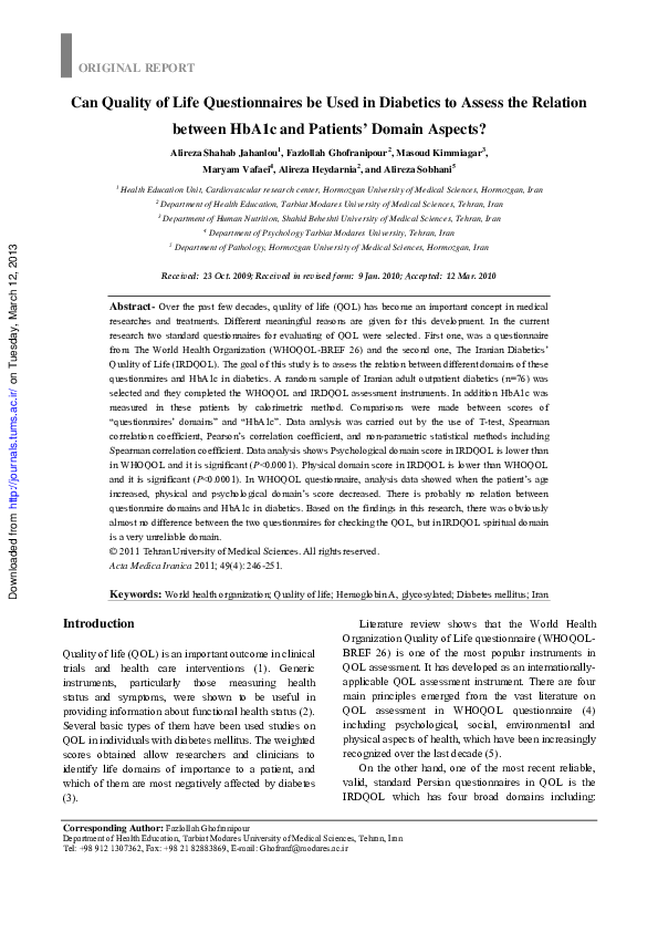 (PDF) Can Quality of Life Questionnaires be Used in Diabetics to Assess the Relation between ...