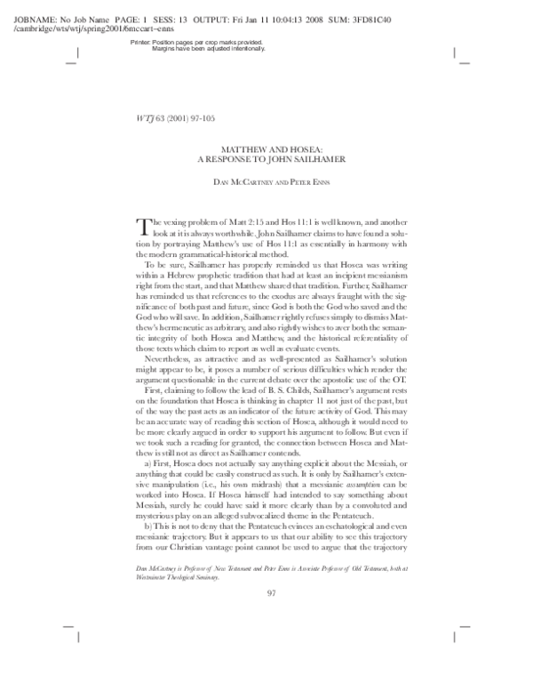 (PDF) Matthew and Hosea: A Response to John Sailhamer