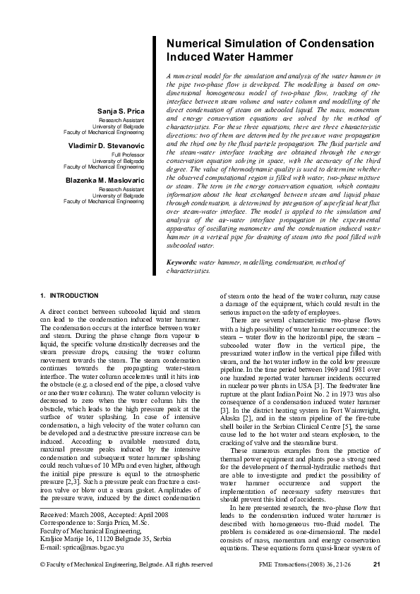 Pdf Numerical Simulation Of Condensation Induced Water Hammer