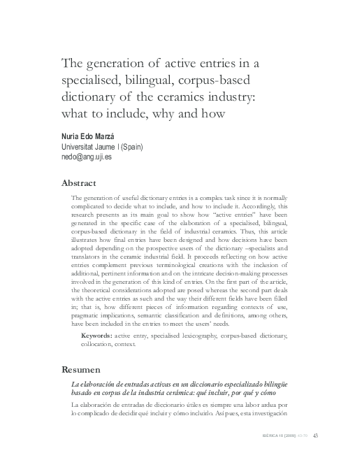 (PDF) The generation of active entries in a specialised, bilingual ...