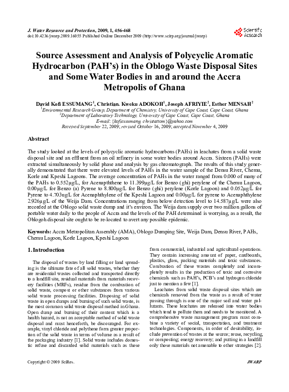(PDF) Source Assessment and Analysis of Polycyclic Aromatic Hydrocarbon (PAH's) in the Oblogo ...