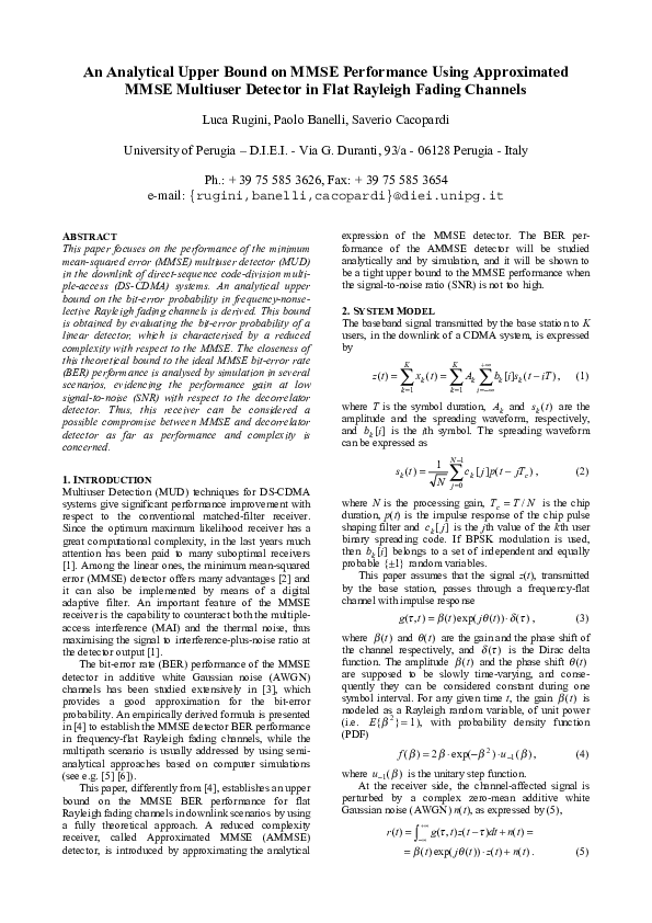 Pdf An Analytical Upper Bound On Mmse Performance Using Approximated Mmse Multiuser Detector