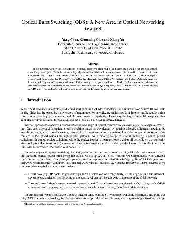 (PDF) Optical burst switching: a new area in optical networking research