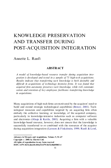 (PDF) Knowledge preservation and transfer during post-acquisition ...