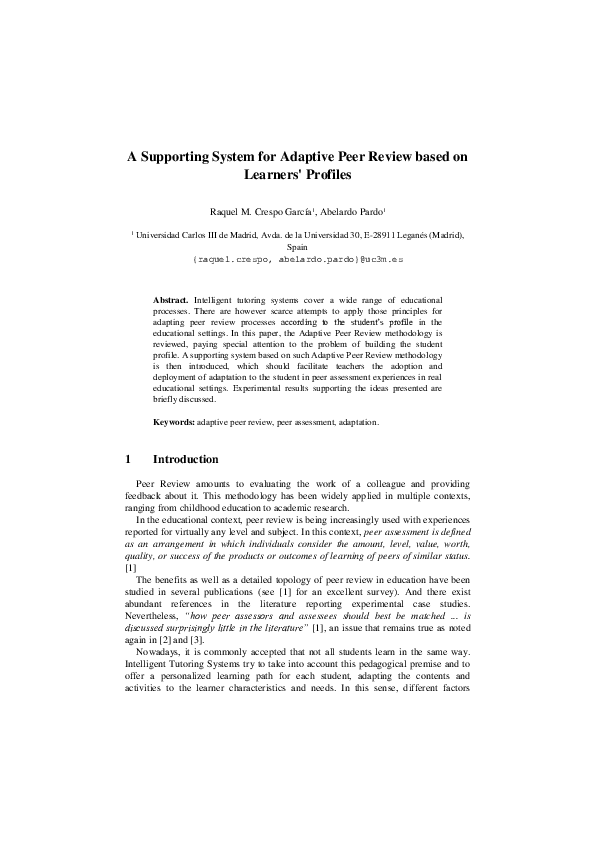 Pdf A Supporting System For Adaptive Peer Review Based On Learner S Profiles